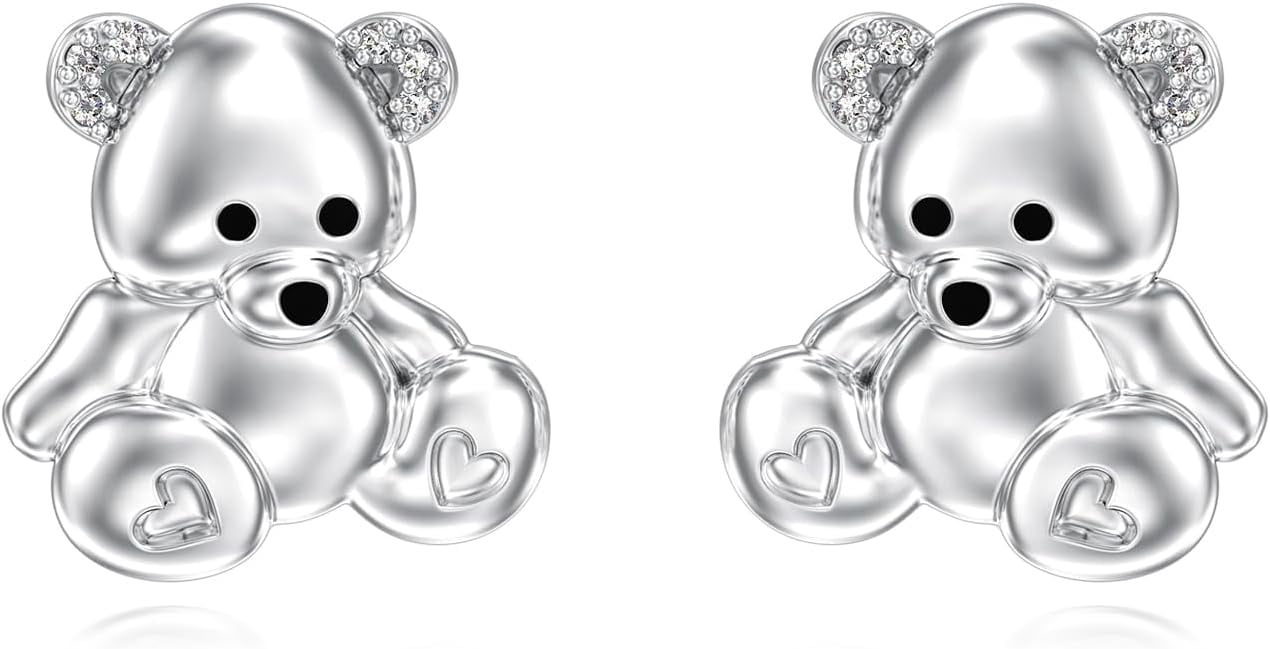 AOBOCO Diamond Bear Stud Earrings for Women 925 Sterling Silver Cute ...