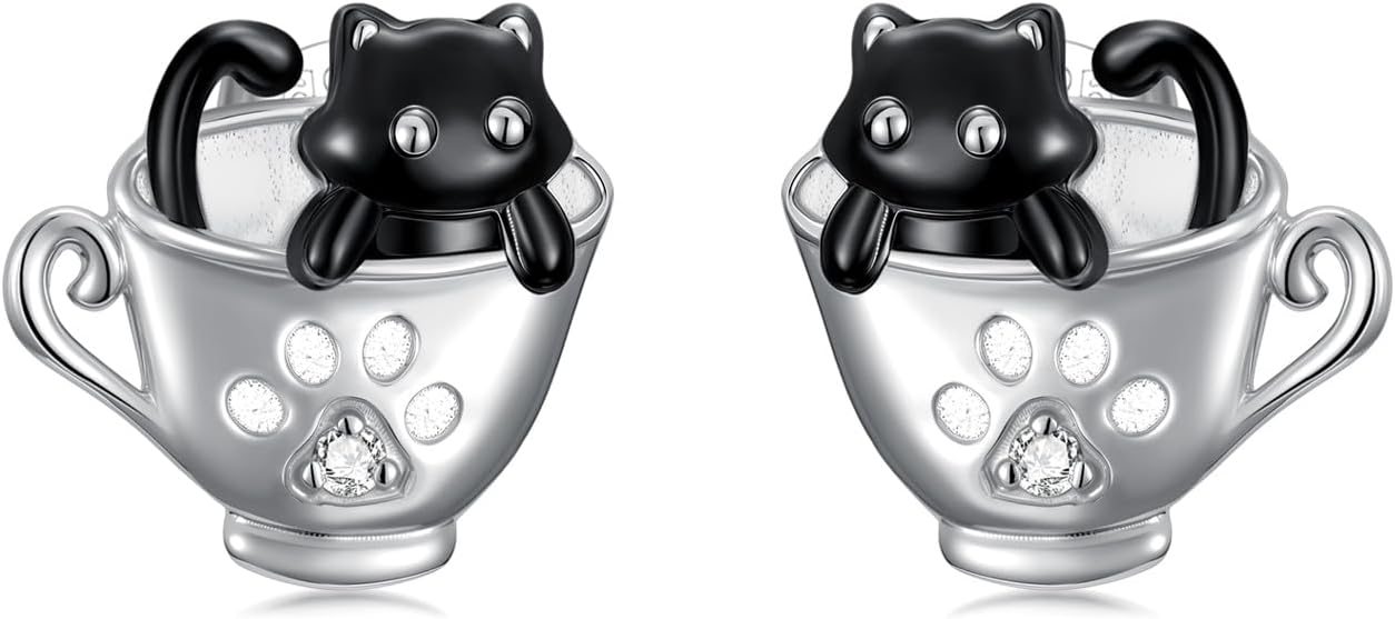 AOBOCO Diamond Black Cat Earrings for Women 925 Sterling Silver Cup Cat ...