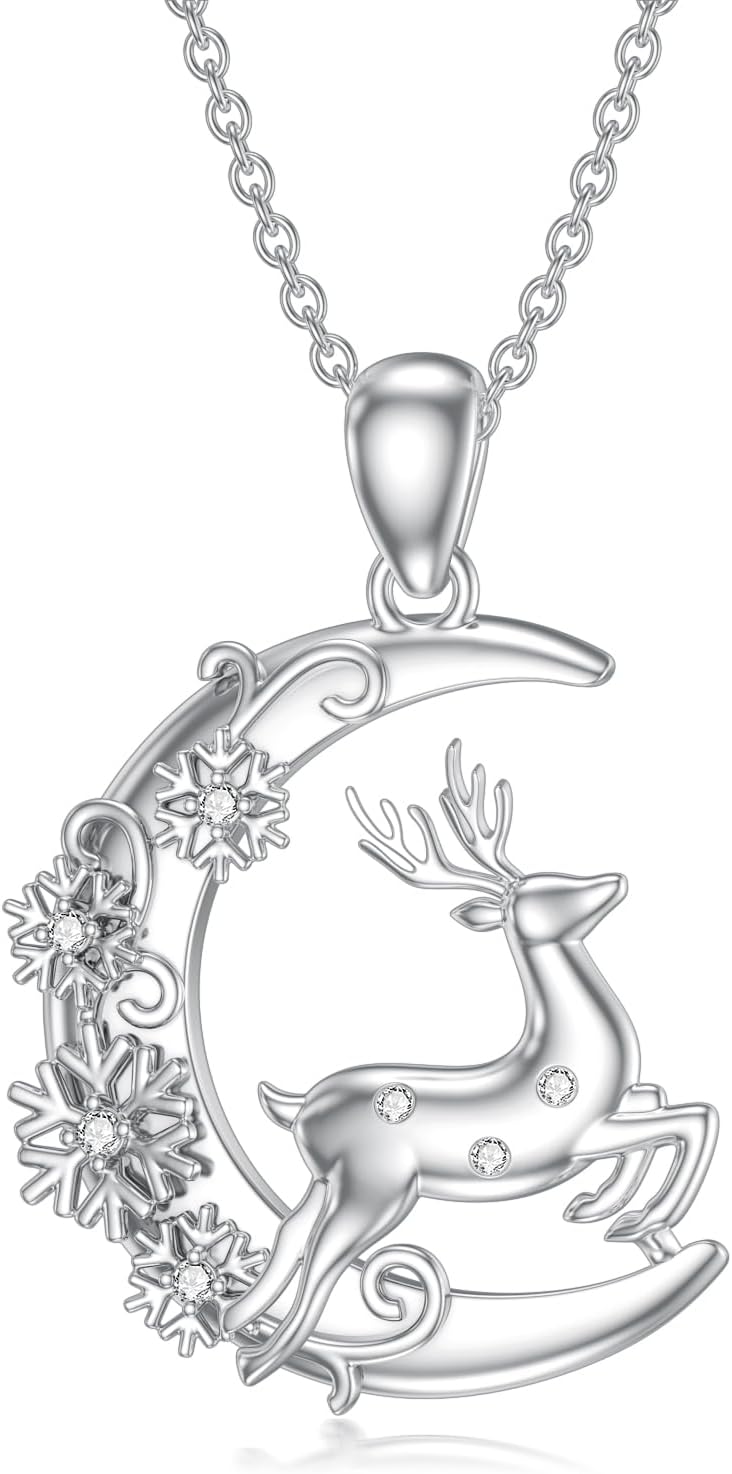 AOBOCO Diamond Christmas Necklace 925 Sterling Silver Reindeer and Moon ...