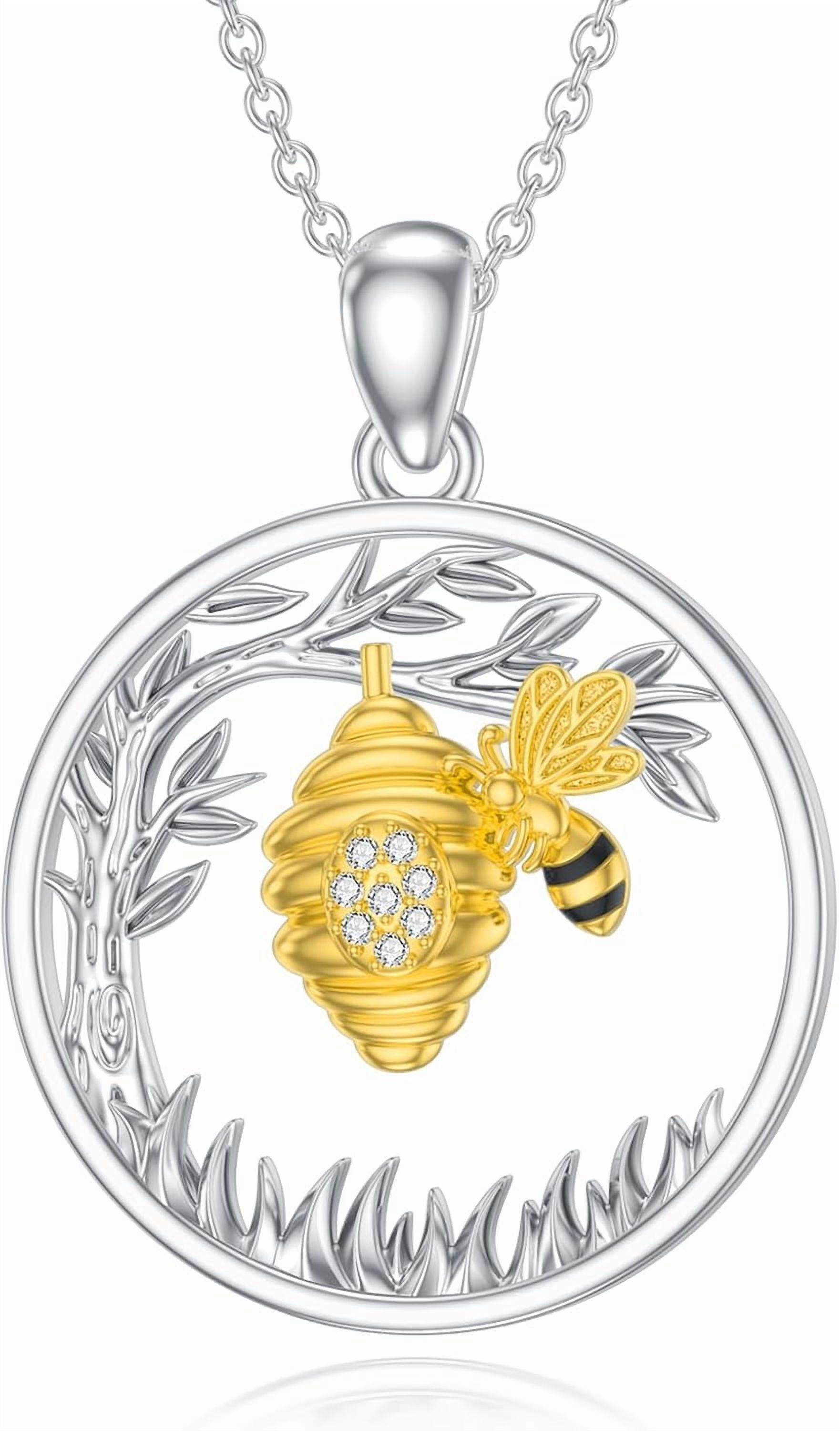 AOBOCO Diamond Honey Bee Necklace 925 Sterling Silver Bee Tree Necklace ...