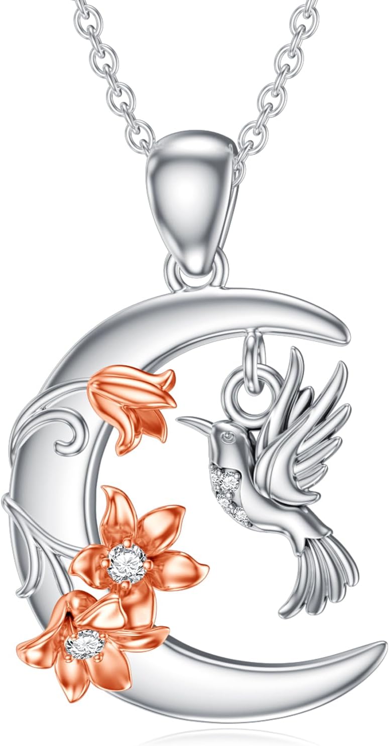 AOBOCO Diamond Hummingbird Necklace for Women 925 Sterling Silver Moon ...