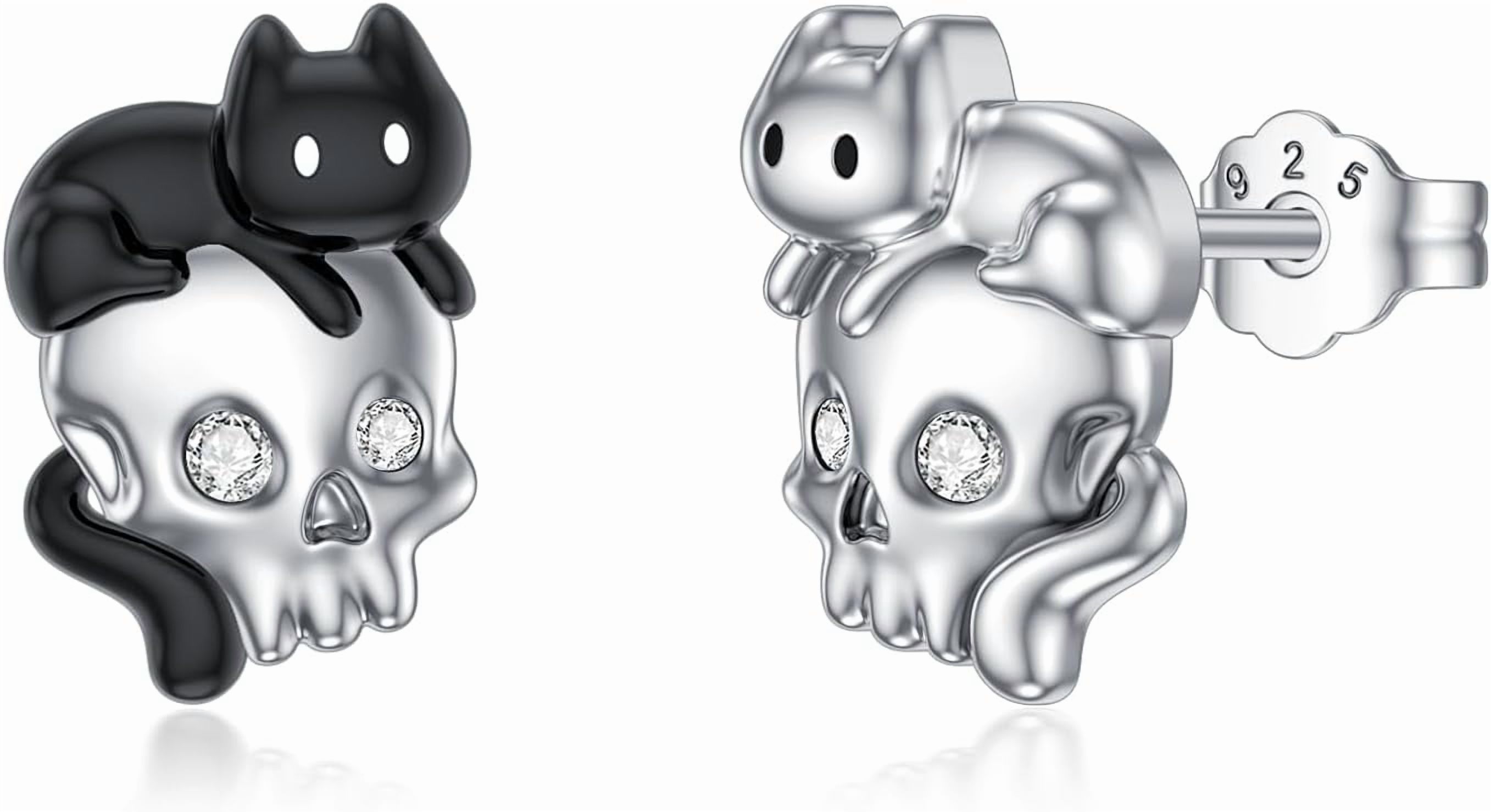 AOBOCO Diamond Skull and Cat Stud Earrings for Women in 925 Sterling ...