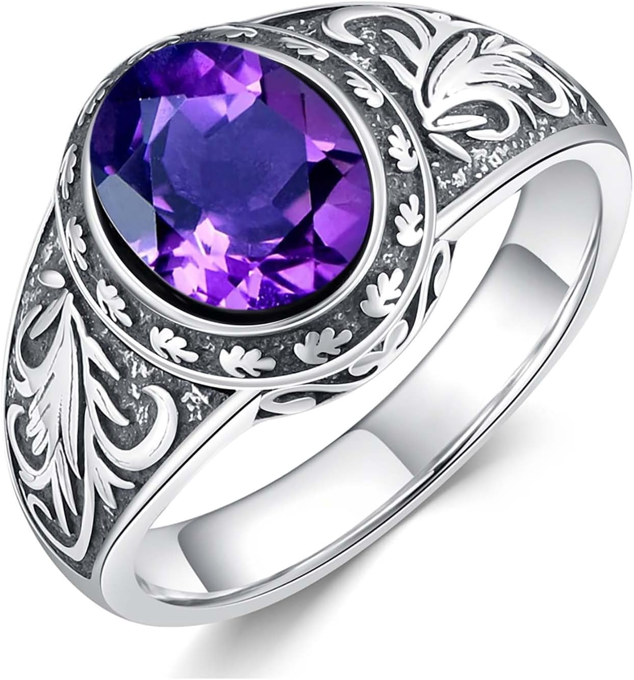 AOBOCO Genuine Amethyst Pinky Ring for Men 925 Sterling Silver Oval ...