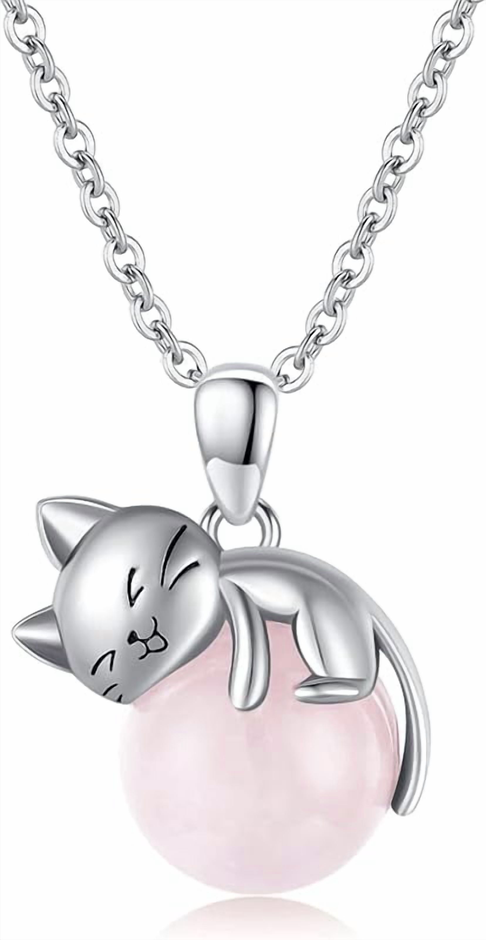 AOBOCO Natural Gemstone Cat Necklace for Women 925 Sterling Silver Cute ...
