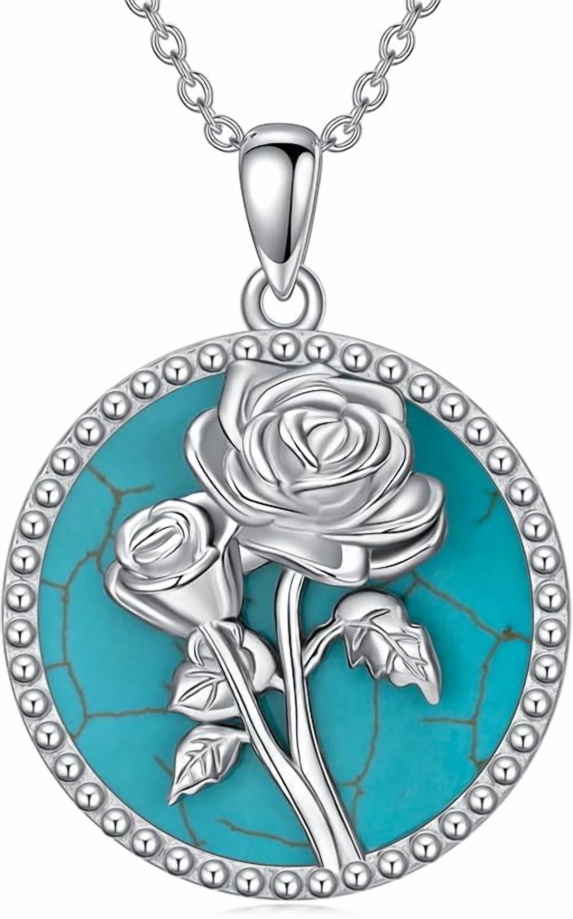 AOBOCO Natural Turquoise Birth Flower Necklace for Women 925 Sterling ...