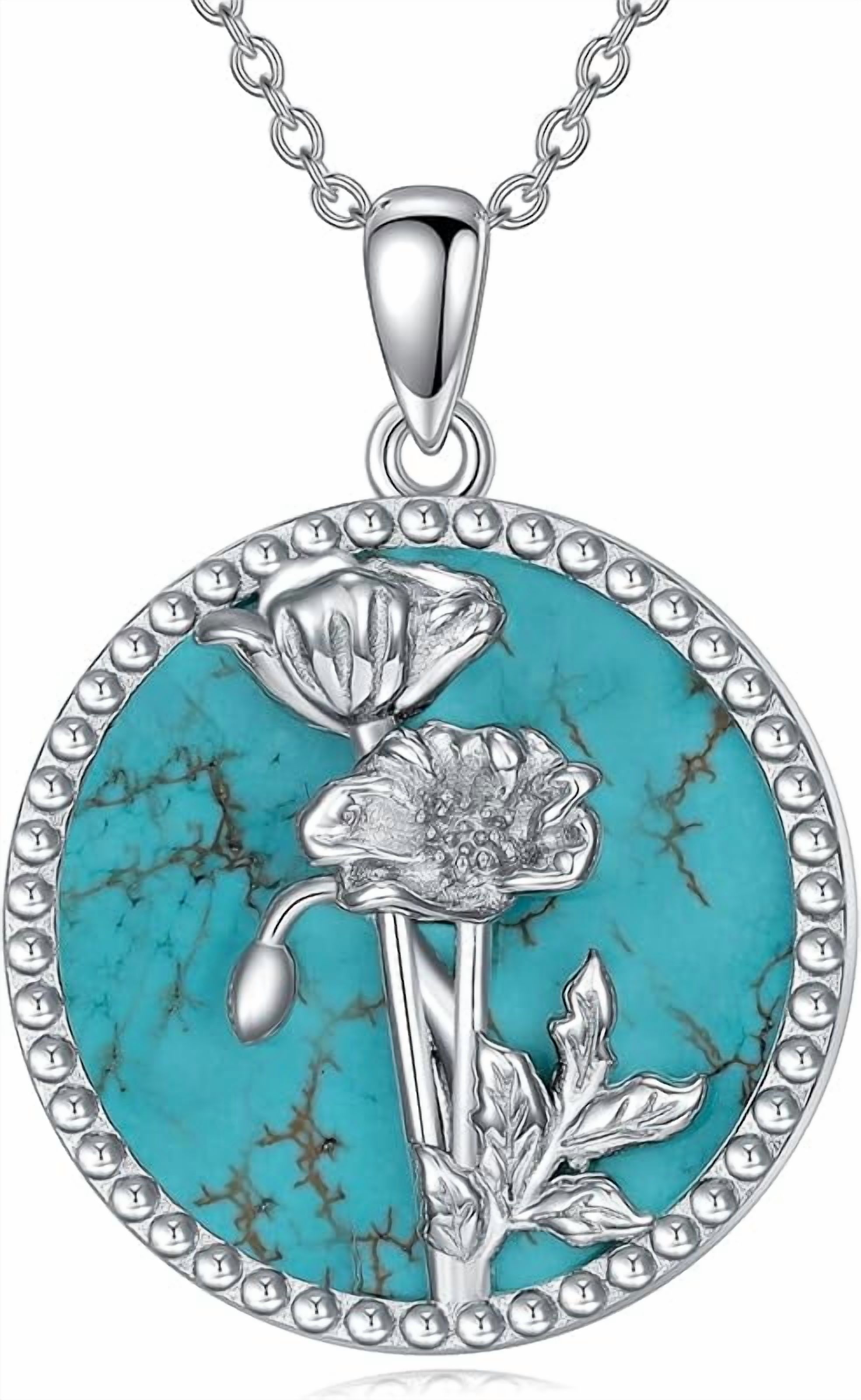 AOBOCO Natural Turquoise Birth Flower Necklace for Women 925 Sterling ...