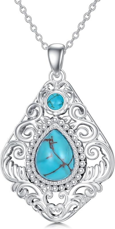 AOBOCO Natural Turquoise Necklace 925 Sterling Silver Real Gemstone ...