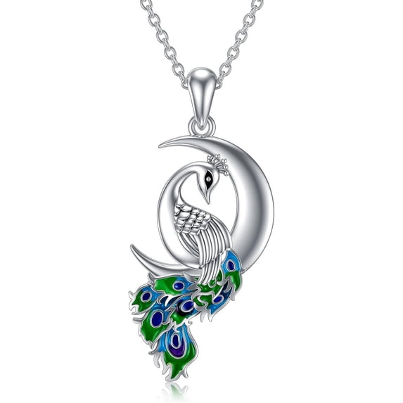 AOBOCO Peacock Moon Crystal Necklace 925 Sterling Silver Crescent Half ...