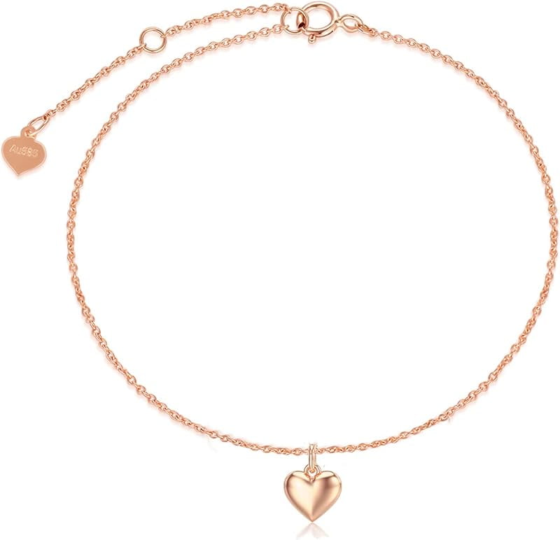 AOBOCO Real 14k Gold Puff Heart Anklet for Women, Love Ankle Bracelet ...