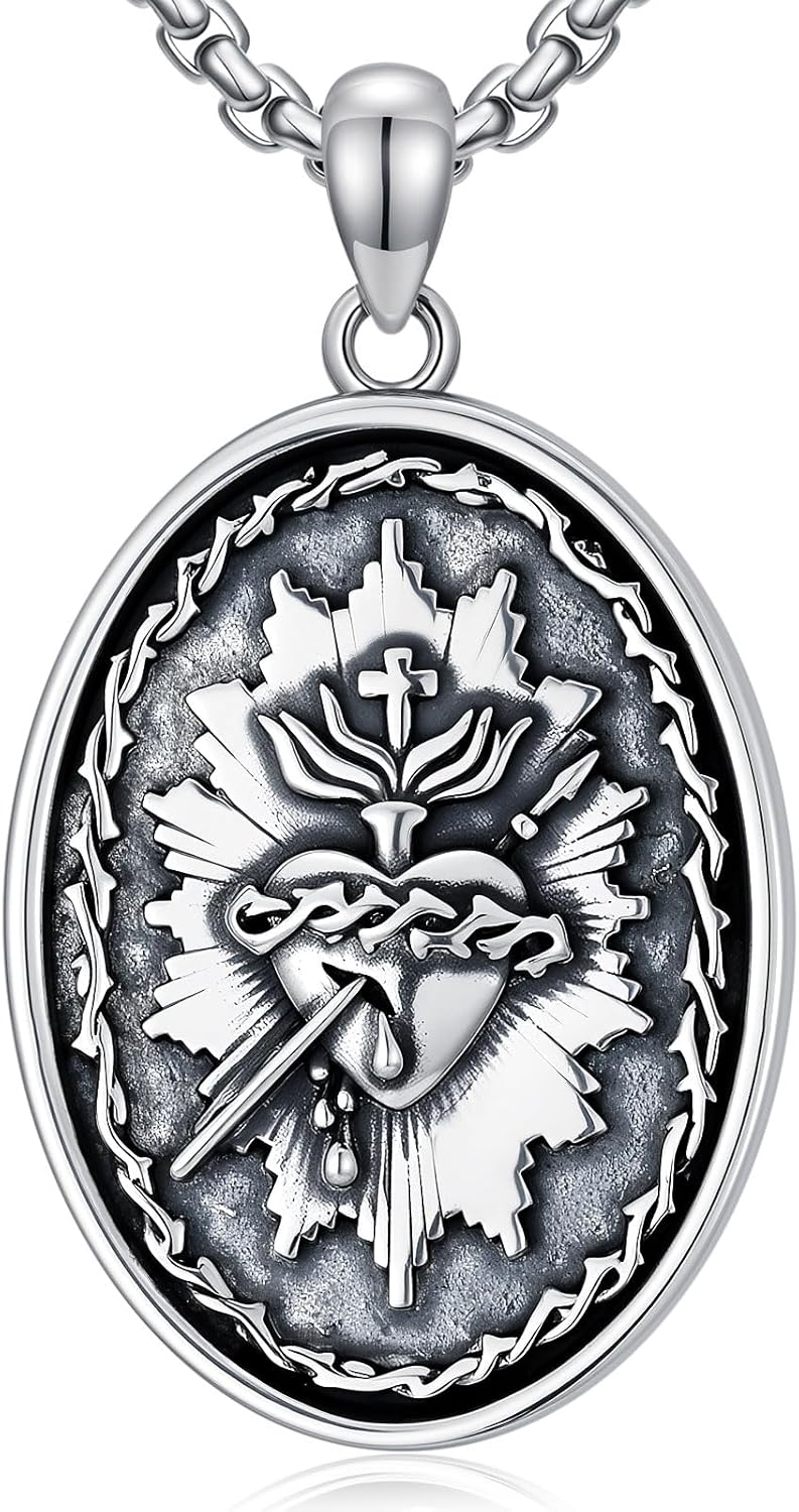 AOBOCO Sacred Heart Necklace 925 Sterling Silver Sacred Heart of Jesus ...