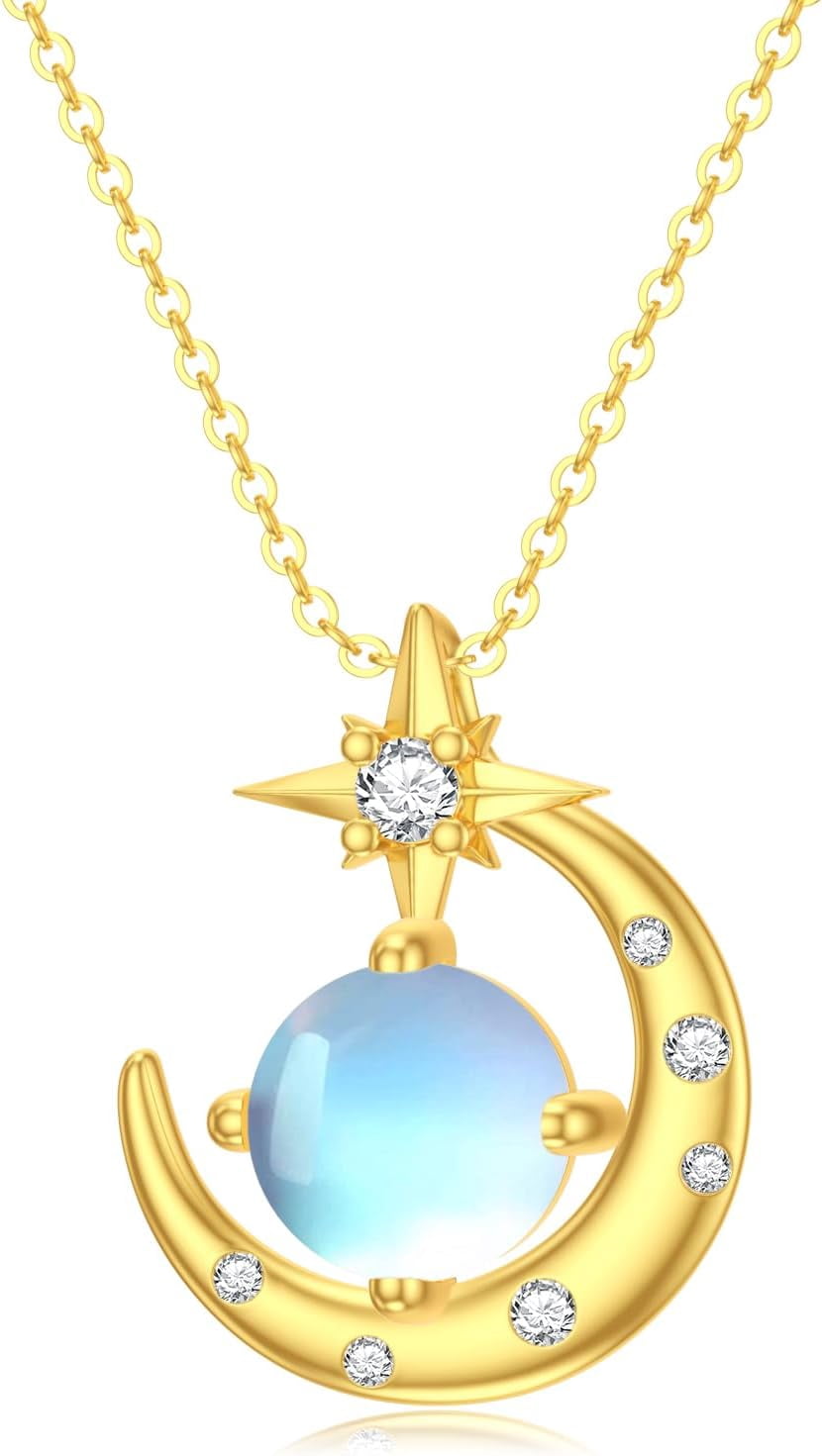 AOBOCO Solid 14K Gold Moon and Star Necklace for Women Real Gold ...