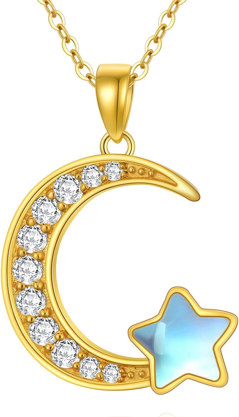 AOBOCO Solid 14K Gold Moon and Star Necklace for Women Real Gold ...