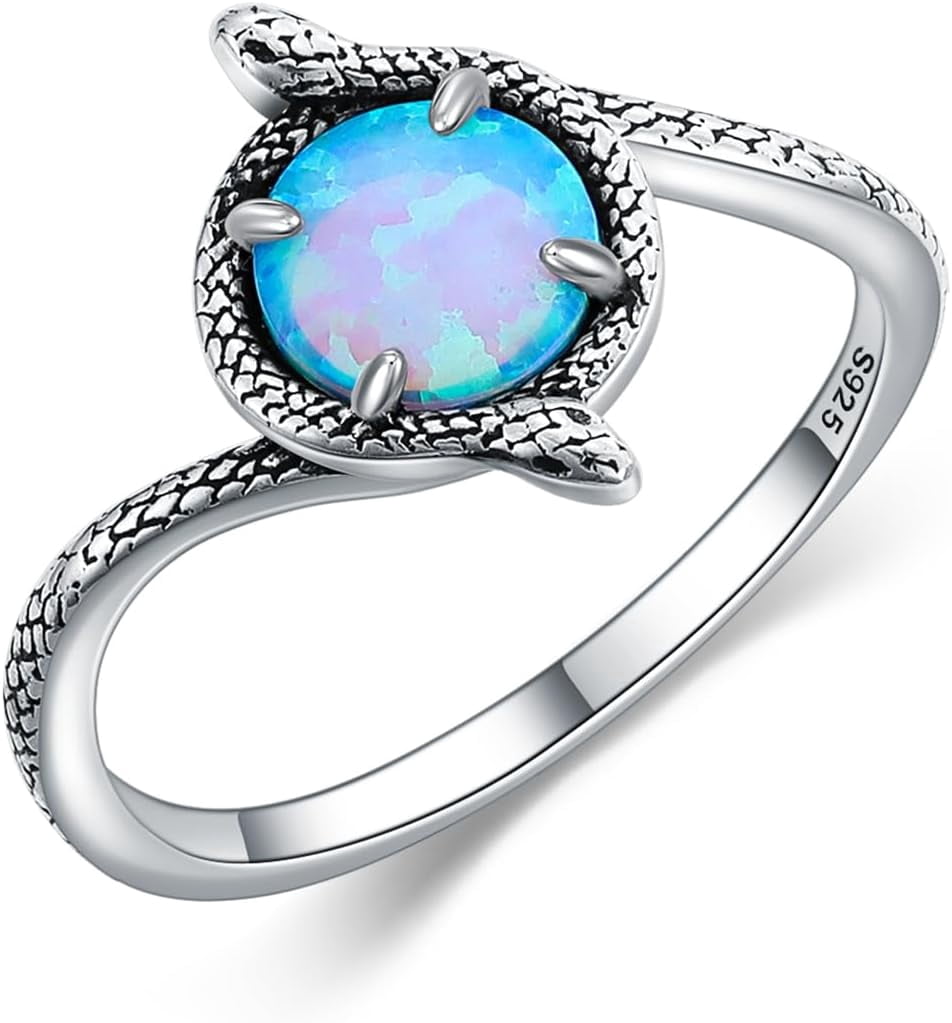 AOBOCO Sterling Silver 7 * 7MM Opal Ring for Women Men,Snake Ring for ...