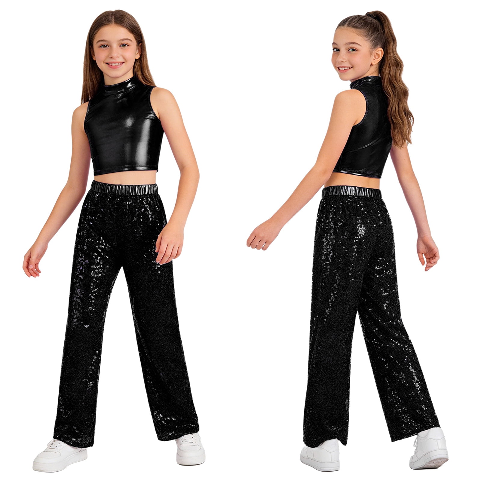AOCHANG Girls Shiny Sequin Pants Dance Outfit with Mock Neck Metallic ...