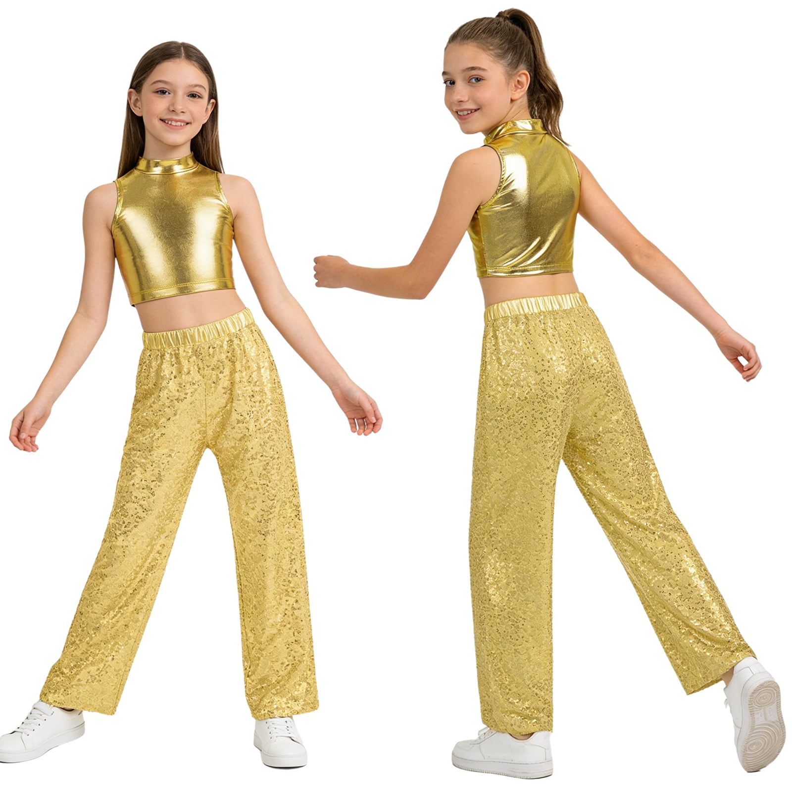 AOCHANG Girls Shiny Sequin Pants Dance Outfit with Mock Neck Metallic ...