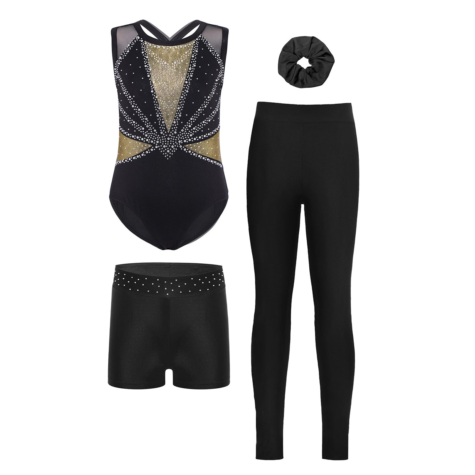 AOCHANG Girls Sparkle Gymnastics Leotard with Workout Shorts Leggings 4 ...