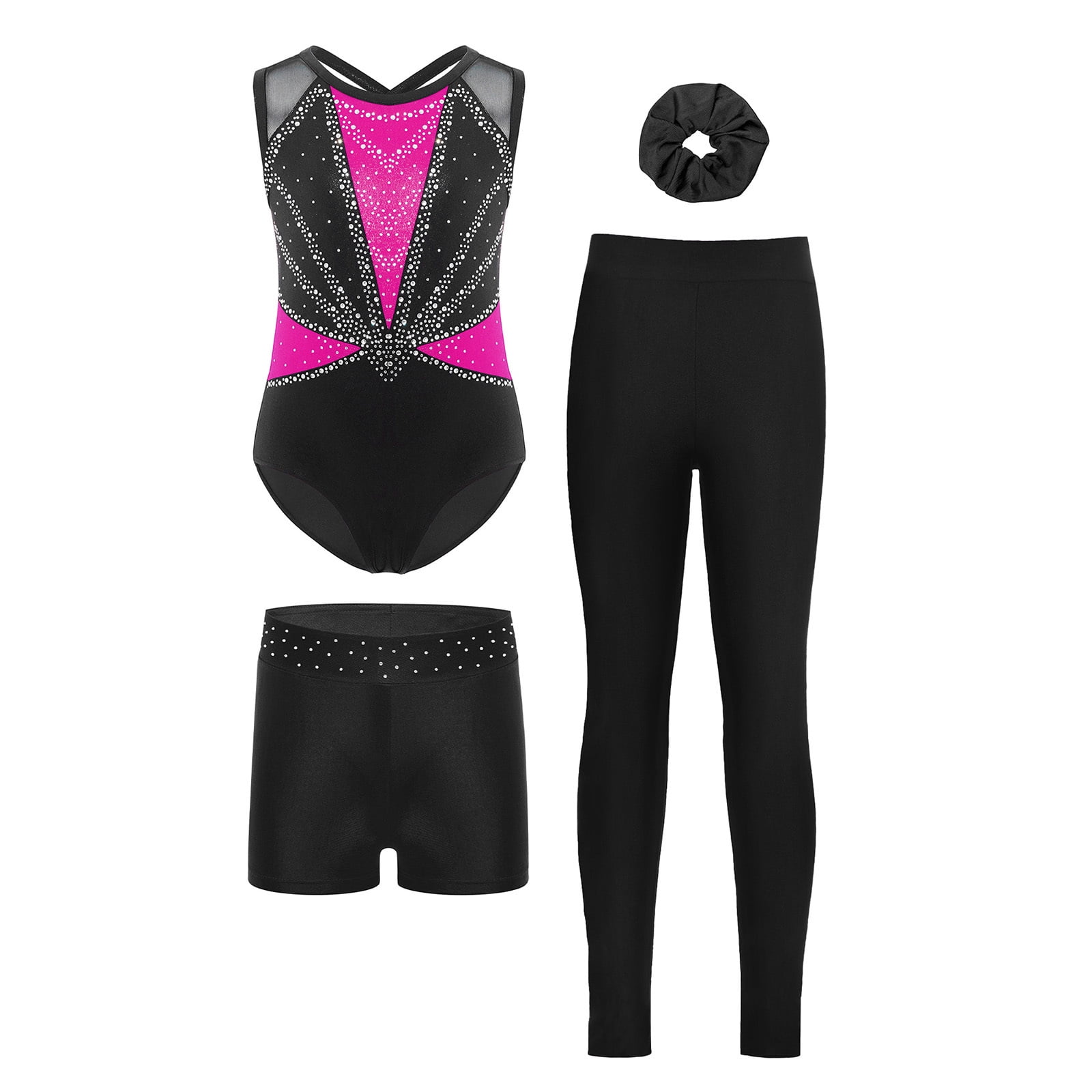 AOCHANG Girls Sparkle Gymnastics Leotard with Workout Shorts Leggings 4 ...