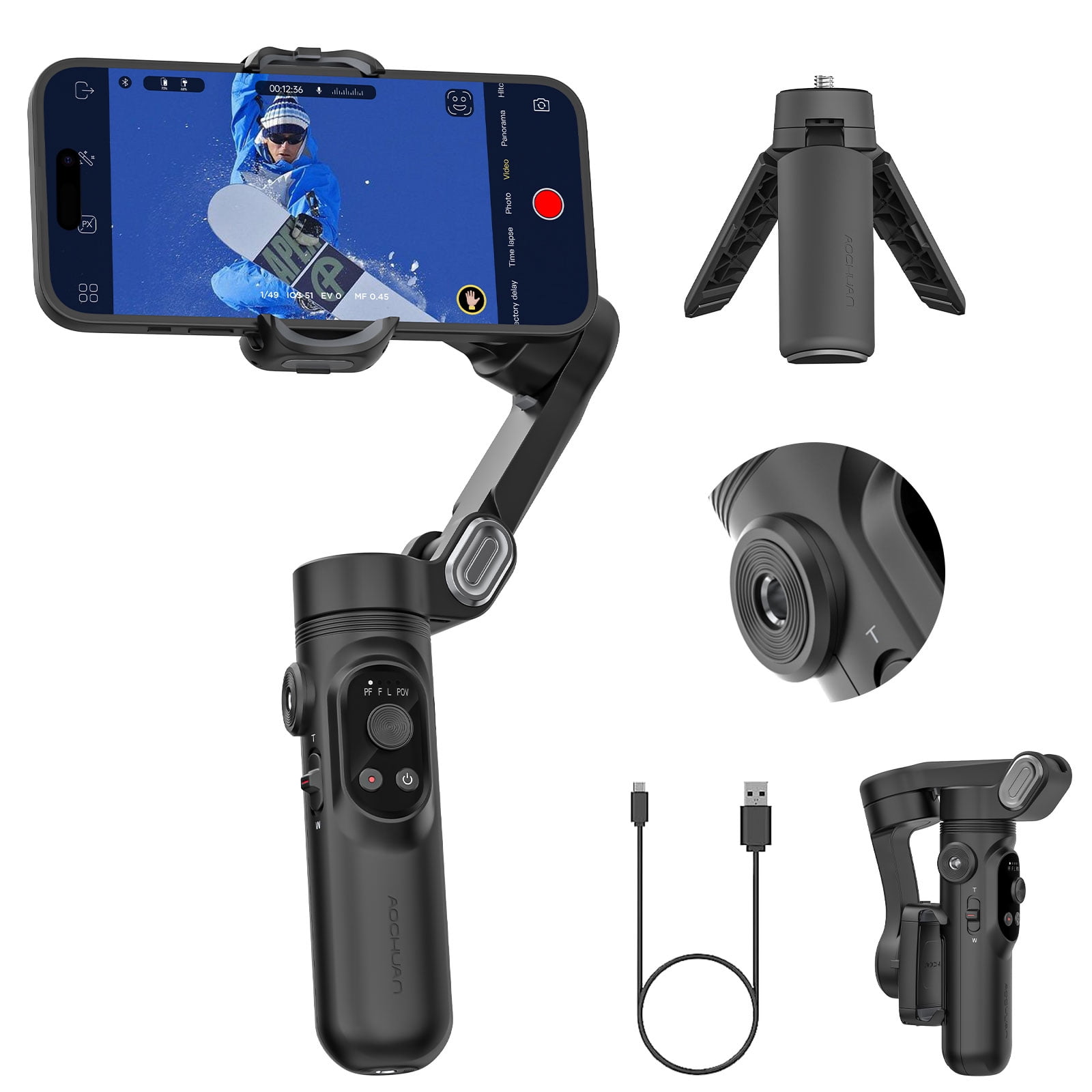 AOCHUAN 3-Axis Gimbal Stabilizer for iPhone 15/14/13 Pro Max Android ...