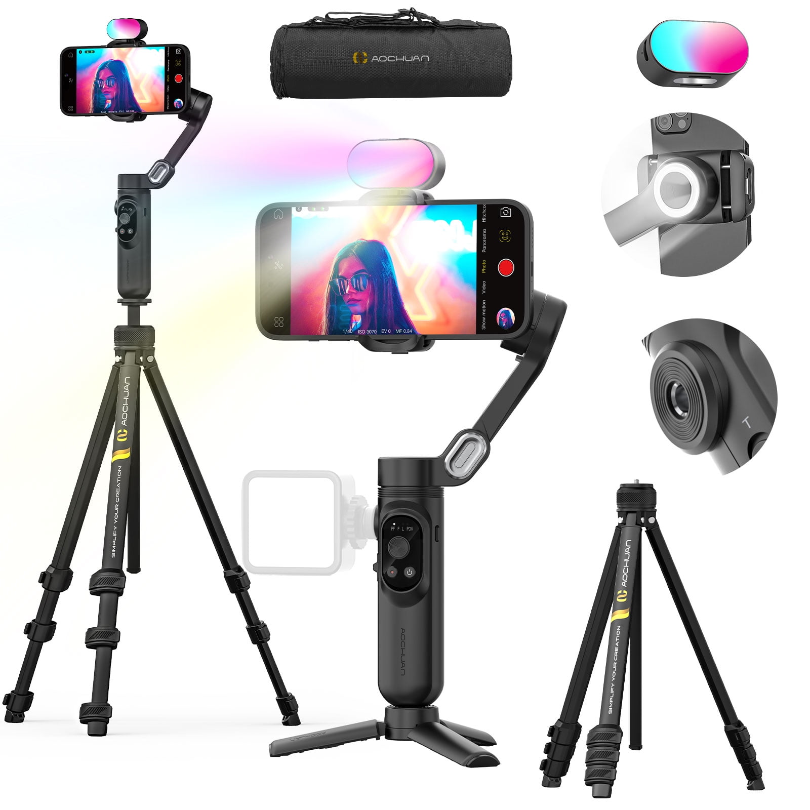 AOCHUAN 3-Axis Gimbal Stabilizer for iPhone & Android w/RGB Light ...
