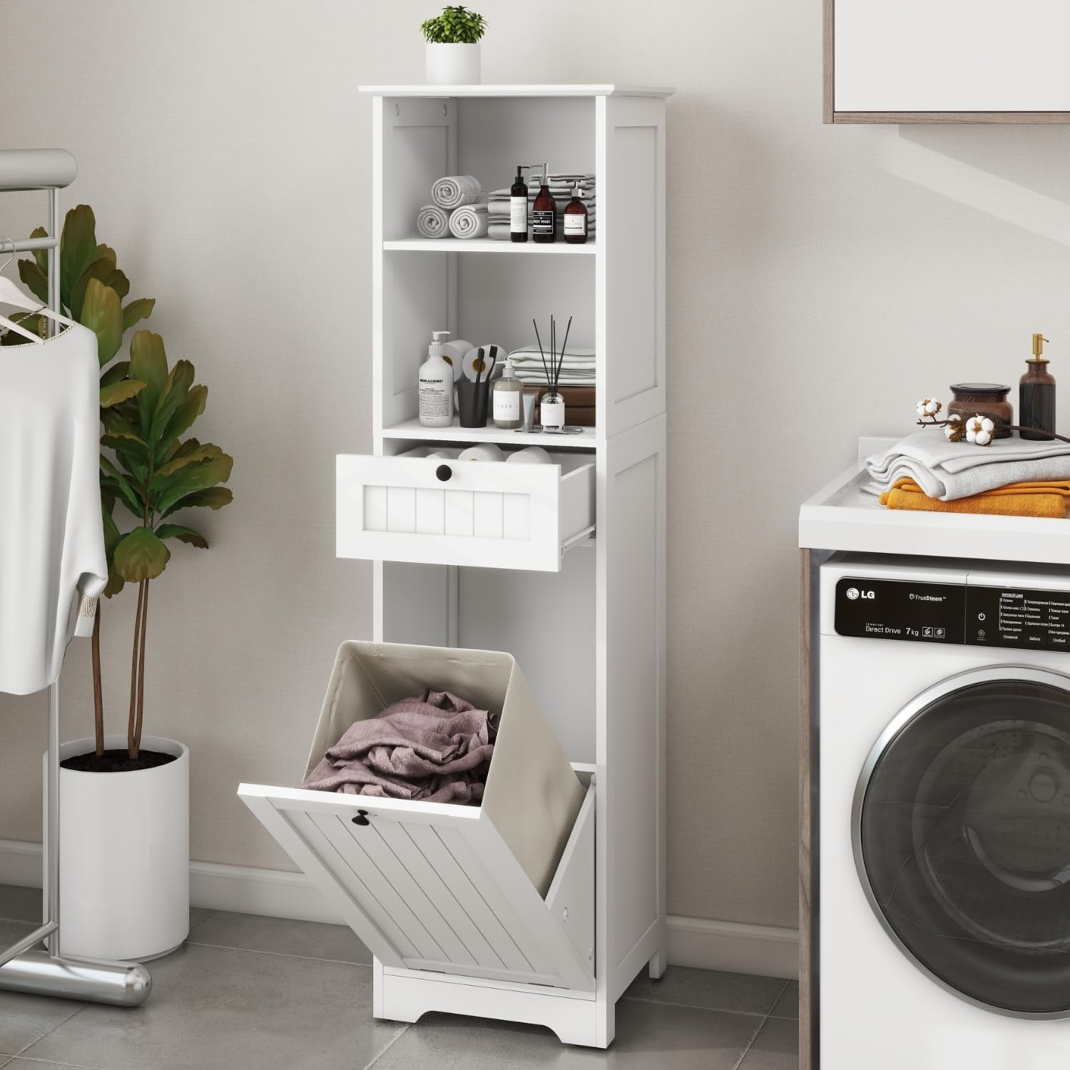 AOCOROE 55.1”H Tilt-Out Laundry Sorter Cabinet, One Drawer Laundry ...