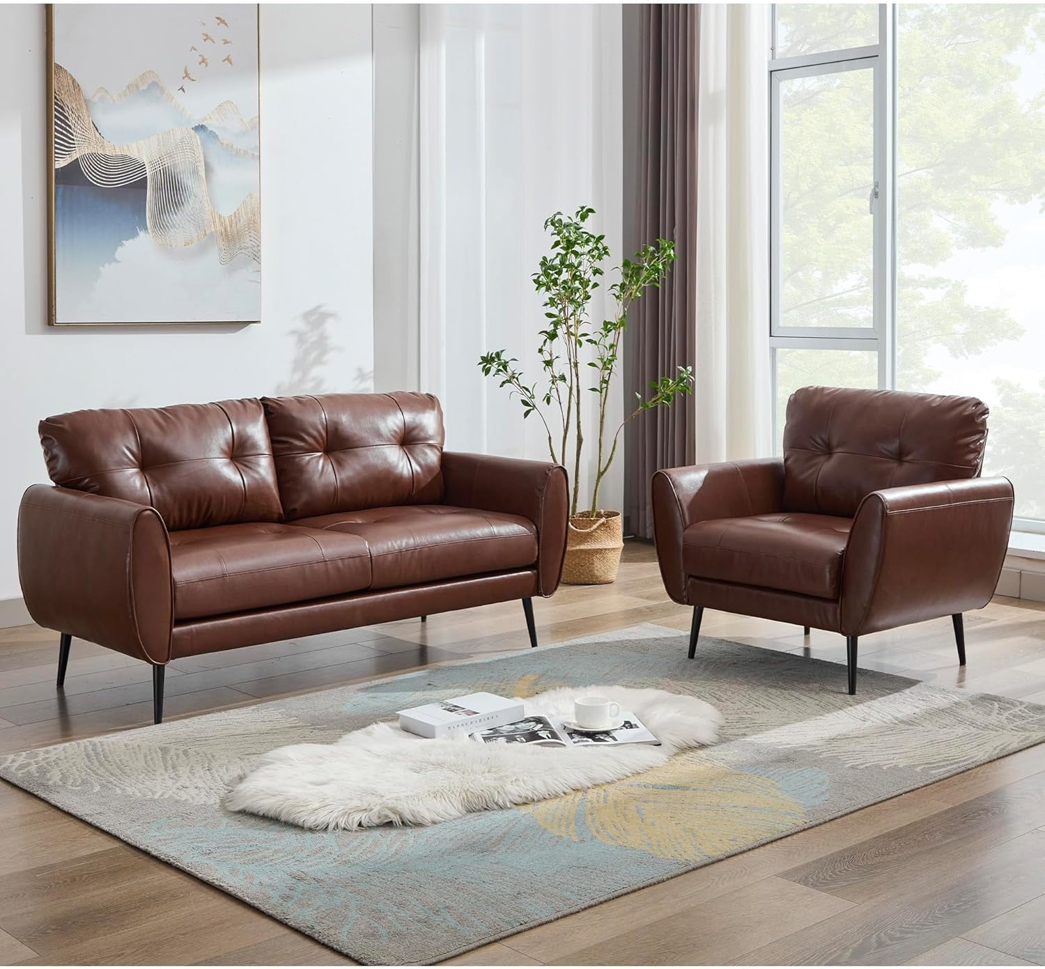 AODAILIHB 61" Mini Leather Arm Couch Set of 2, 2 Seater Modern L-Shaped ...