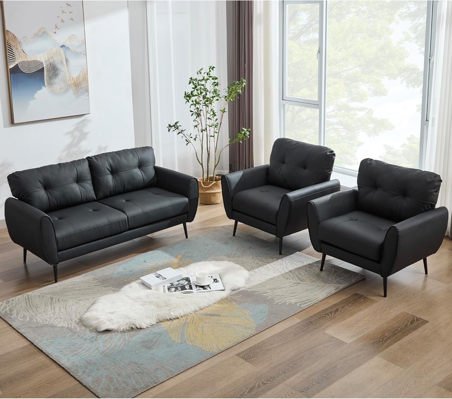 AODAILIHB 61" Mini Leather Arm Couch Set of 3, 2 Seater Modern L-Shaped ...
