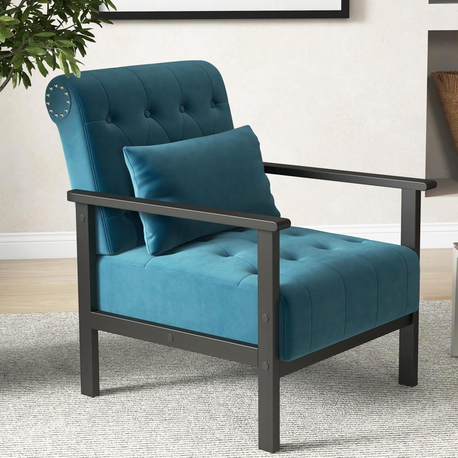 AODAILIHB Blue Velvet Accent Chair with Pillow, Modern Mid Century ...