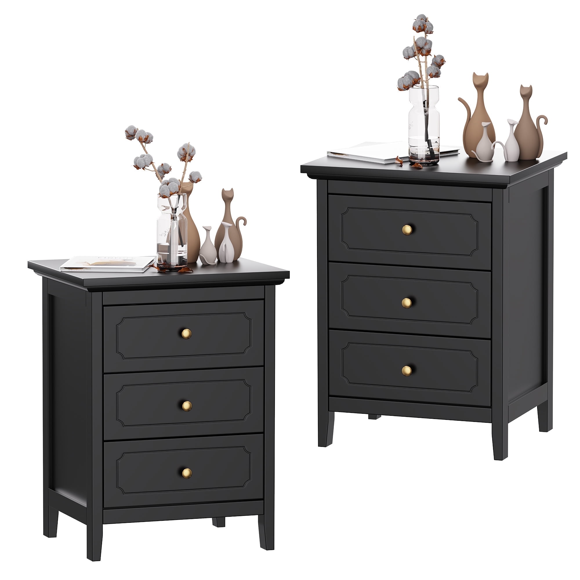 AODAILIHB Wood Nightstand with Drawers set of 2, 3-Drawer Modern ...