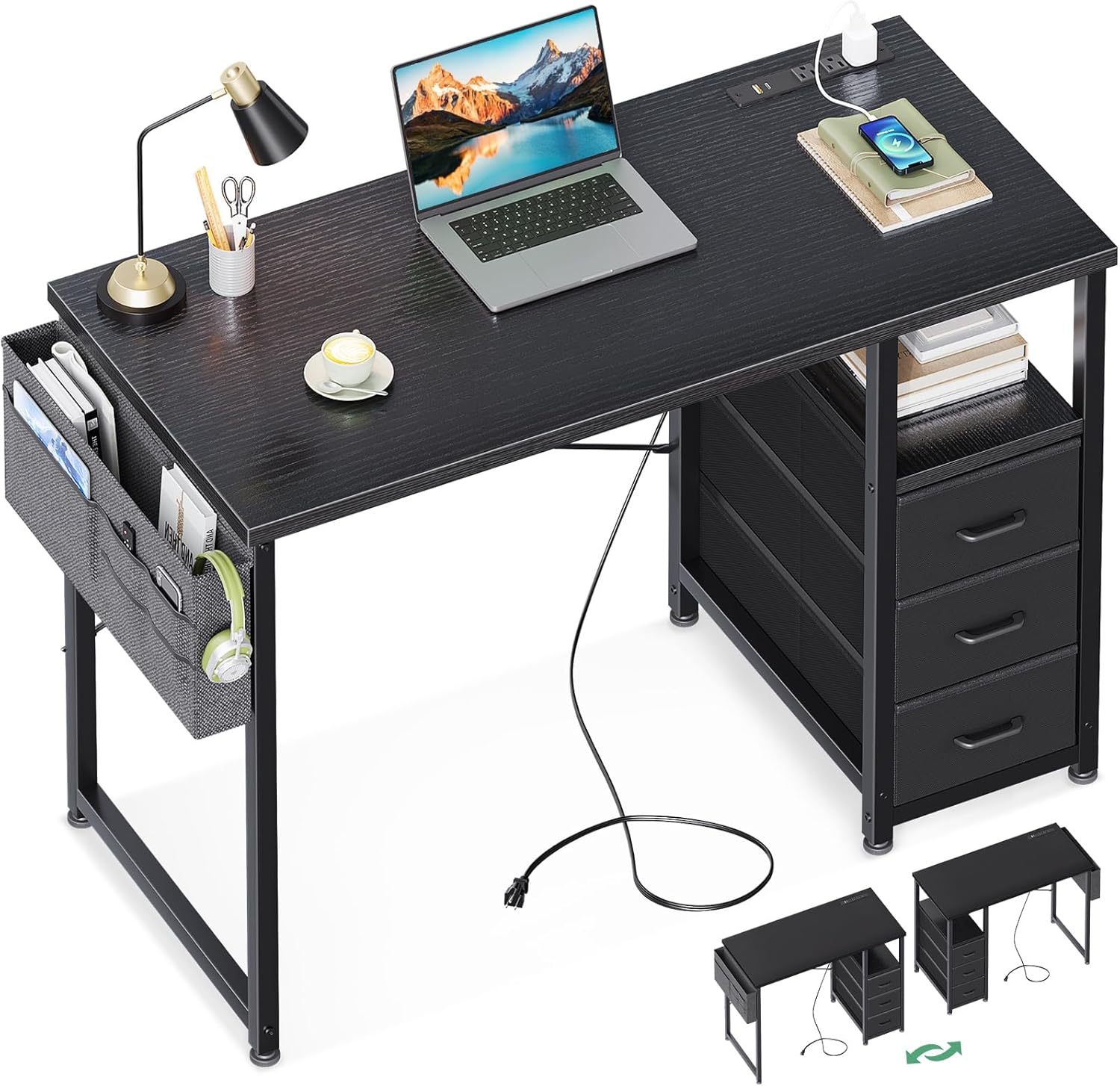 AODK 40-Inch Small Computer Desk with Fabric Drawers and Charging ...
