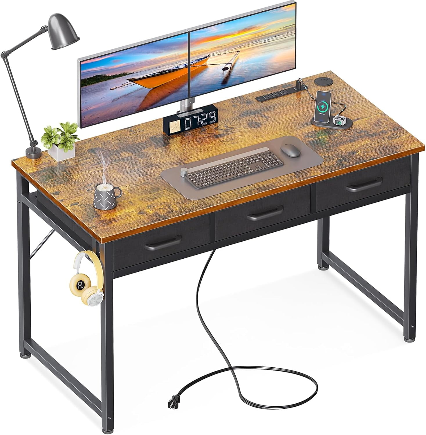 AODK 48 Inch Computer Desk with 3 Fabric Drawers, Office Desk with USB ...