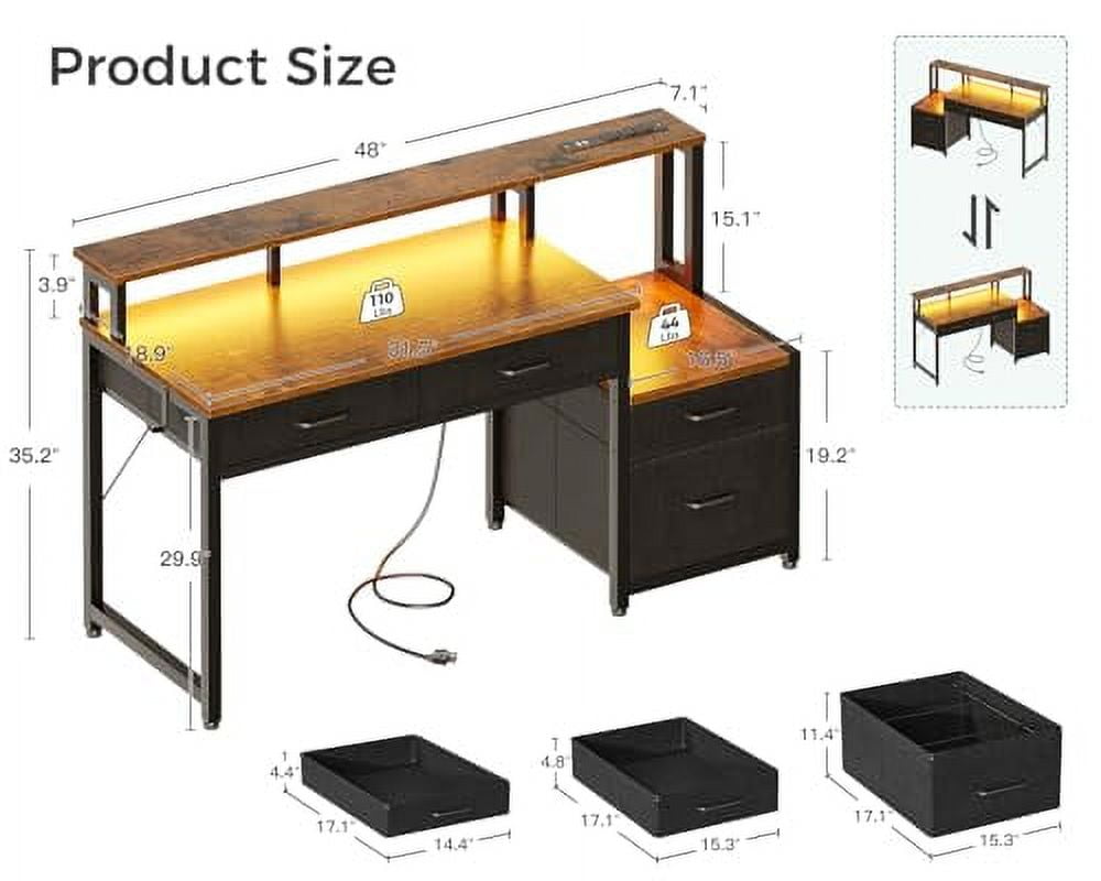 AODK 48-Inch Computer Desk with Fabric File Cabinet and Fabric Drawers ...