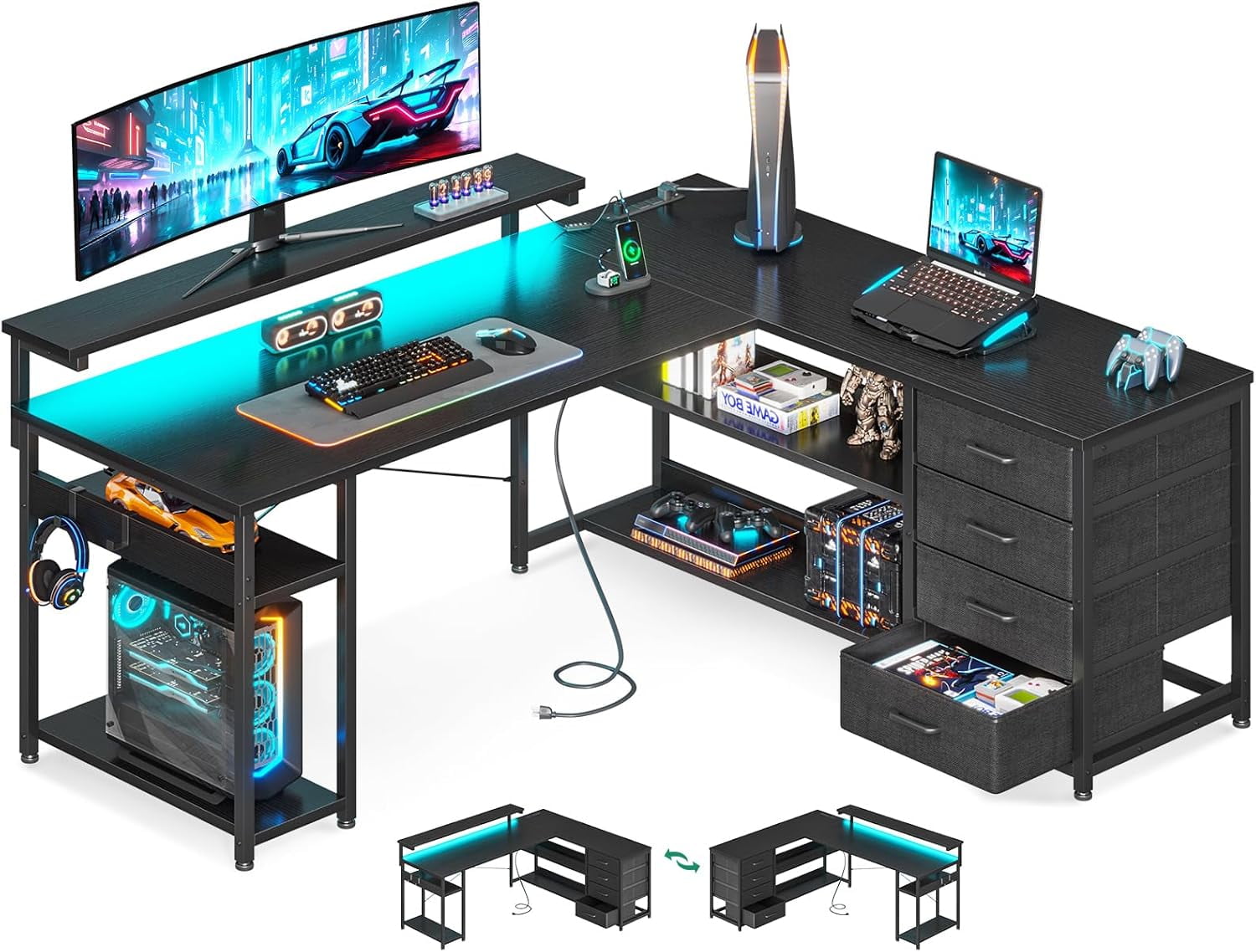 AODK 53" L Shaped Desk with Drawer, Computer Desk with Power Outlets ...