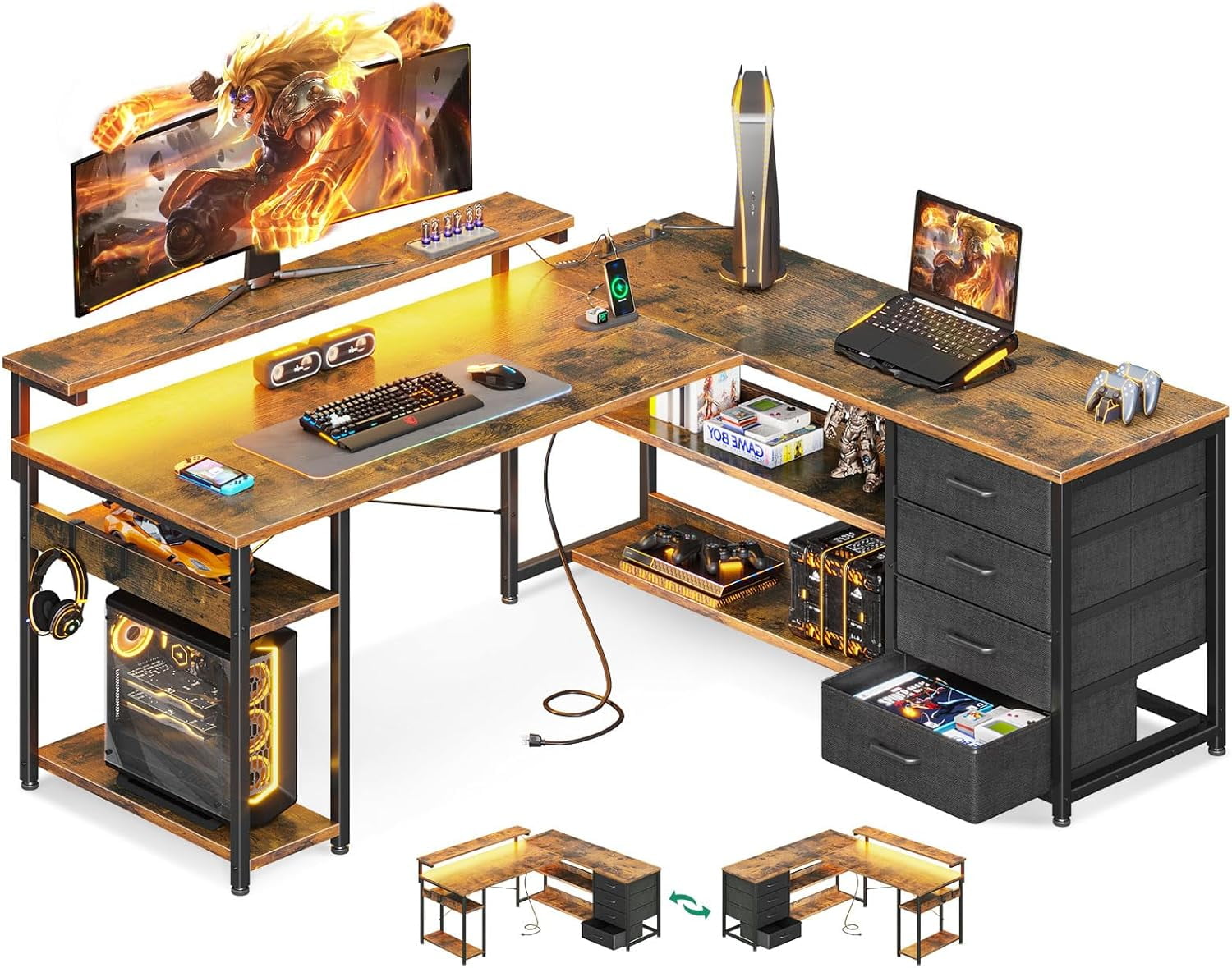 AODK 53" L Shaped Desk with Drawer, Computer Desk with Power Outlets ...