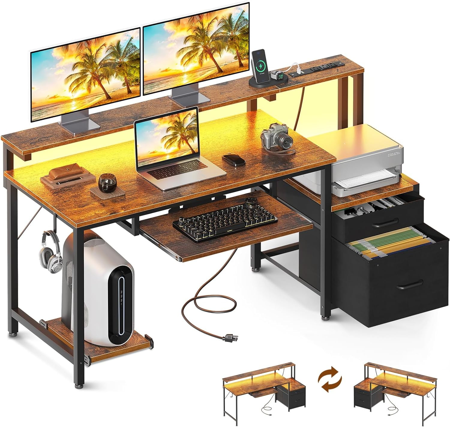 AODK 55 Inch Computer Desk with Power Outlets and LED Light, Reversible ...