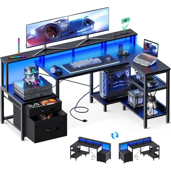 AODK 57 Inch L Shaped Gaming Computer Desk with USB Charging Ports ...