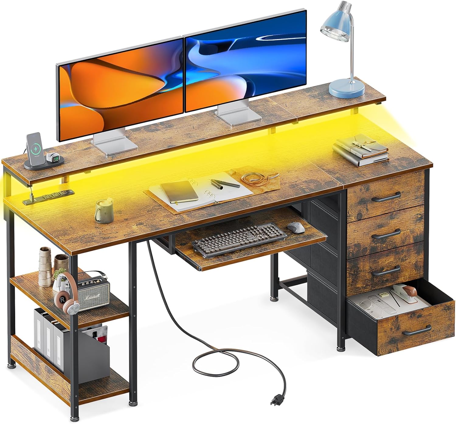 AODK 63 Inch Computer Desk with Power Outlet and LED Light, Office Desk ...