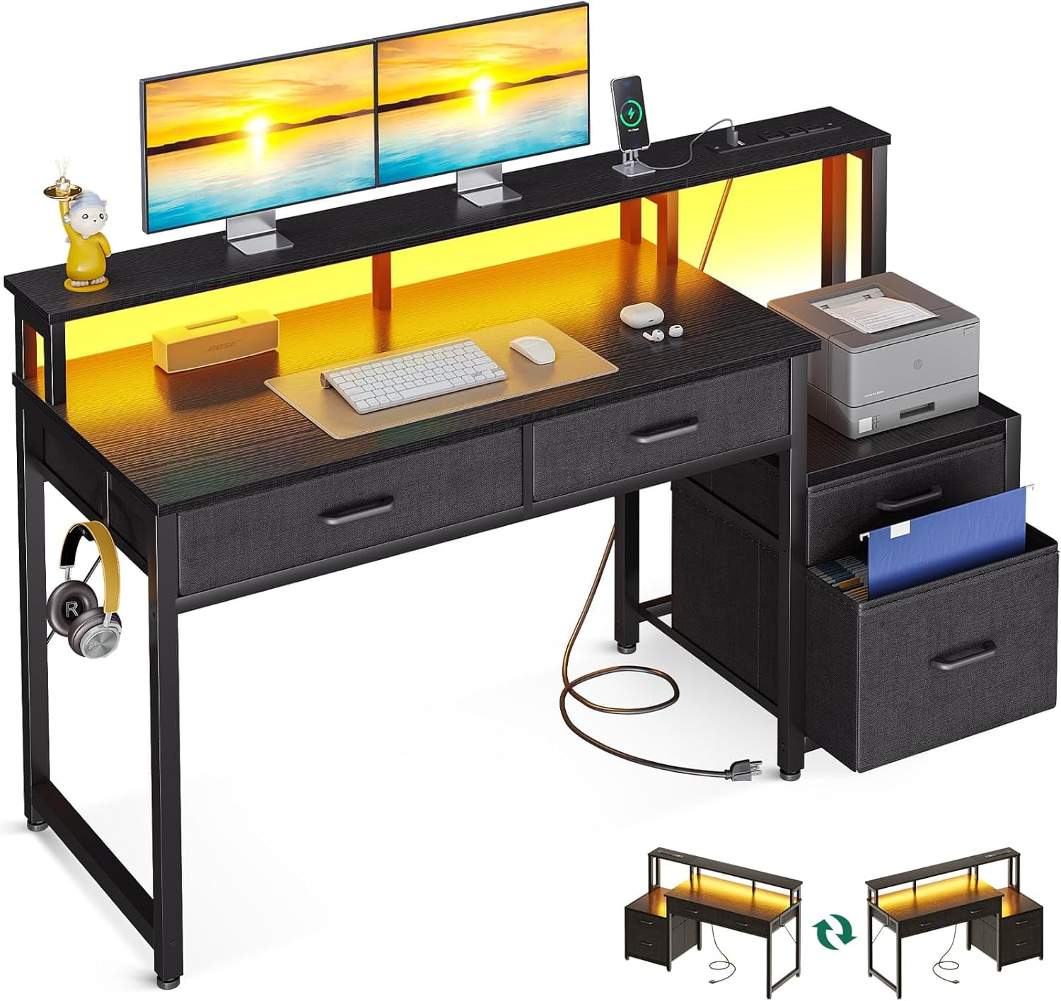 AODK Computer Desk with 4 Drawers, 48 Inch Reversible Desk with Led ...