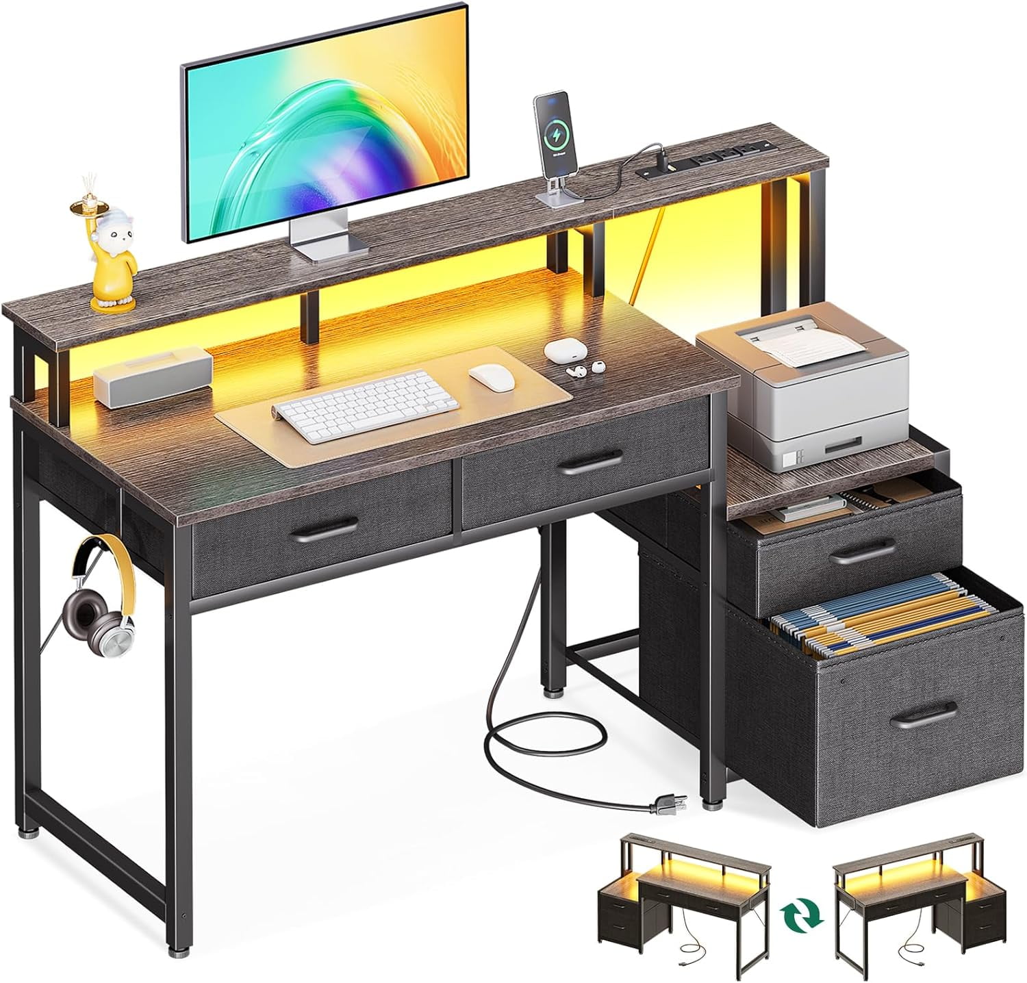 AODK Computer Desk with 4 Drawers, 48 Inch Reversible Desk with Led ...