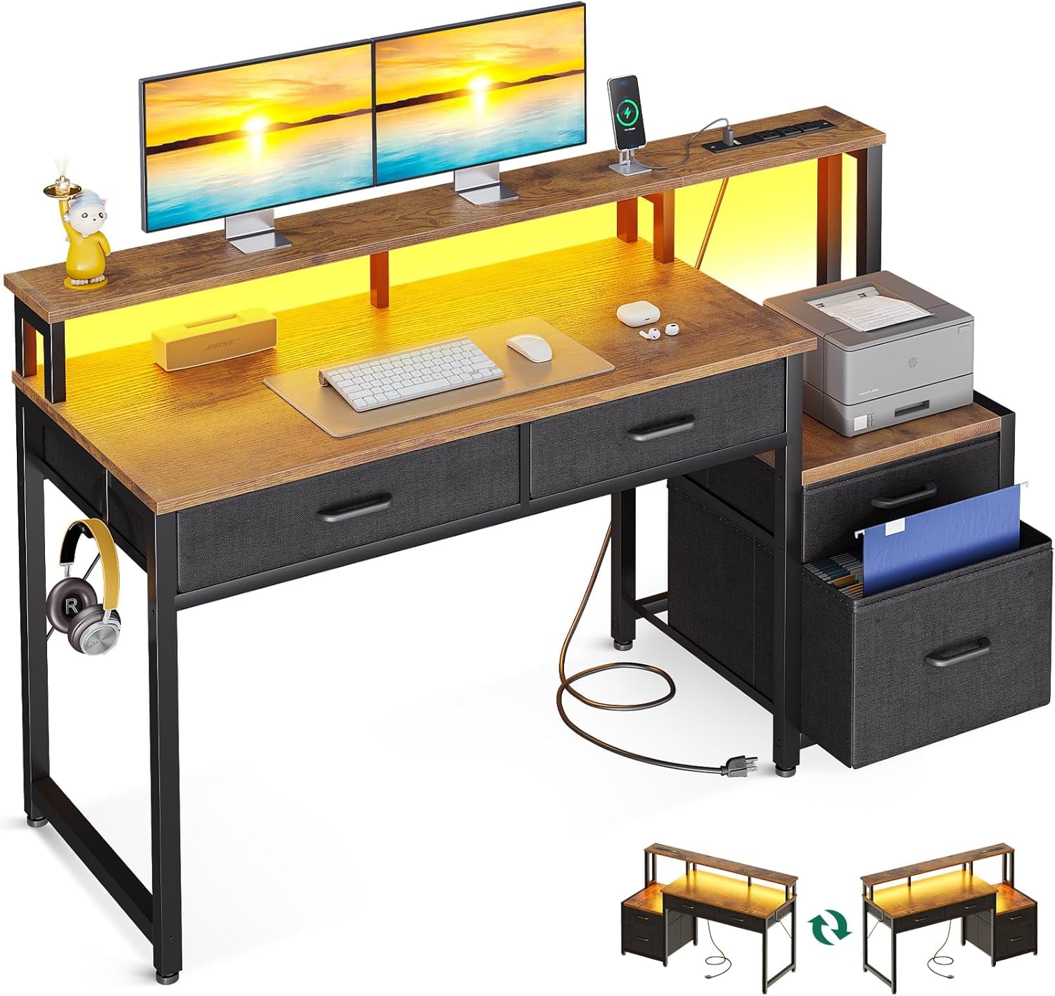 AODK Computer Desk with 4 Drawers, 48 Inch Reversible Desk with Led ...