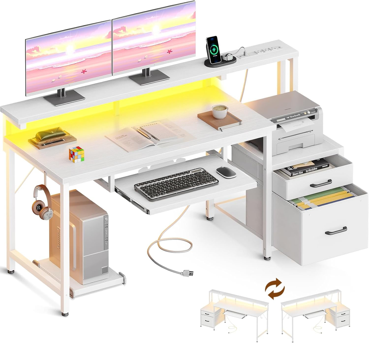 AODK Computer Desk with Fabric File Cabinet and Drawer, Reversible ...