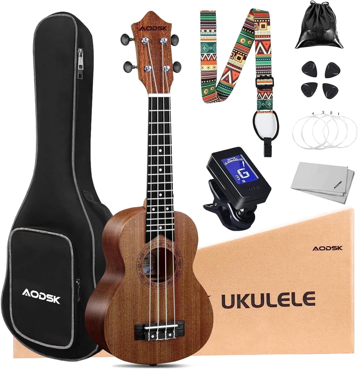 AODSK, Soprano Ukulele Kit, 21" with Case, Tuner, Strap, Extras ...