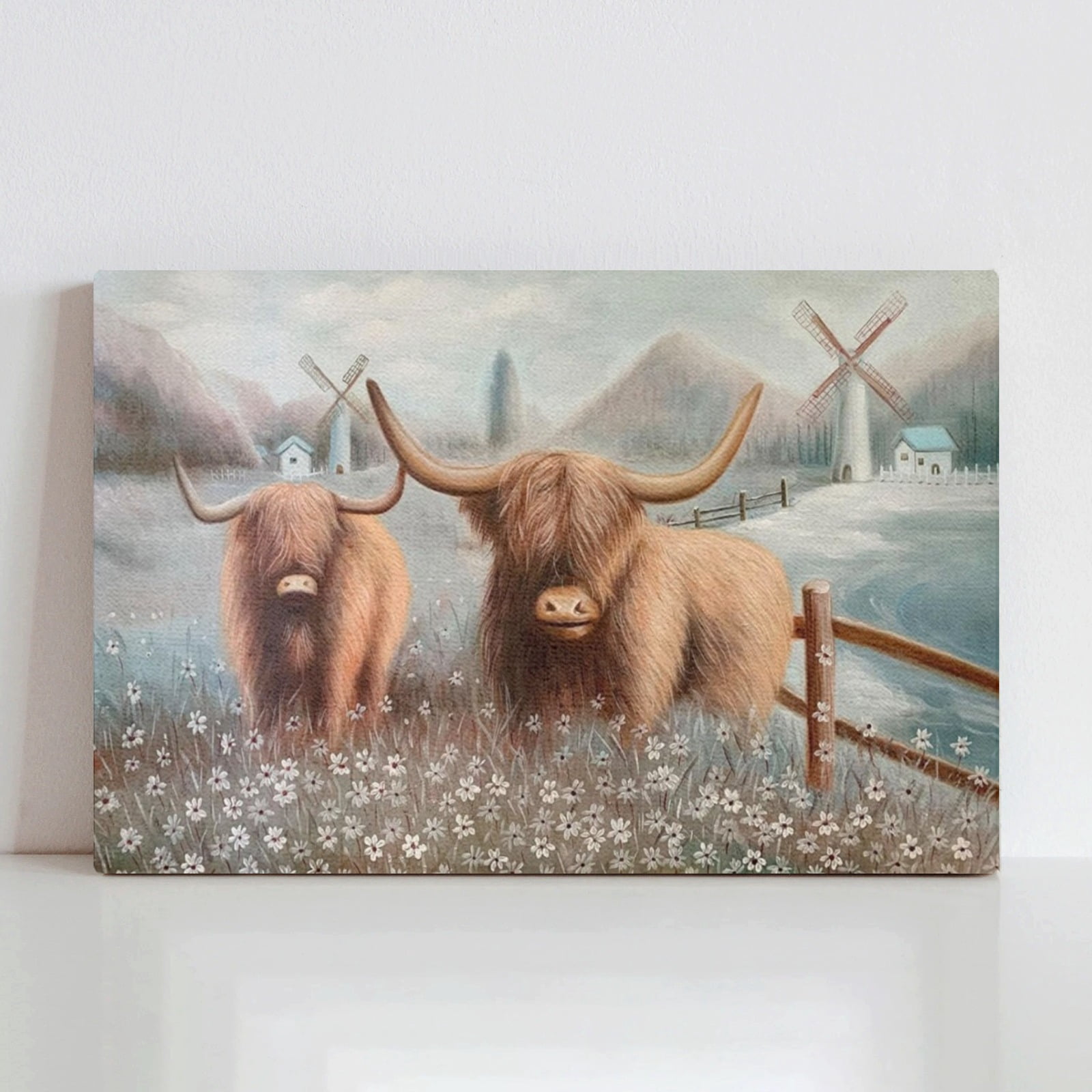 AOEX Rustic Highland Cow Flower Canvas Wall Art - Country Landscape ...