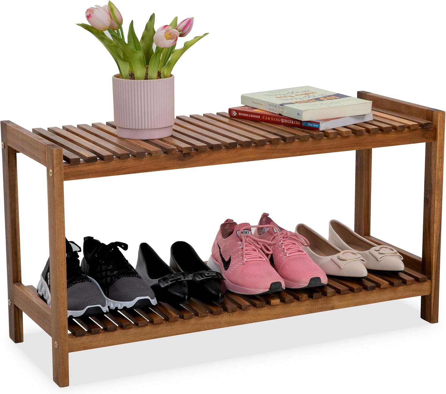 AOEYU 2-Tier Long Acacia Wood Shoe Rack, Stackable Wide Shoe Shelf ...