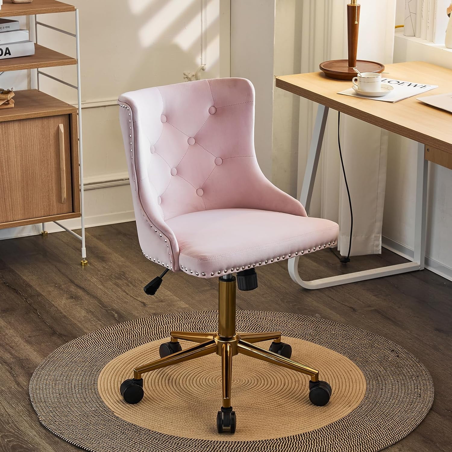 AOEYU Light Pink Velvet Armless Home Office Desk Chair with Gold Base ...
