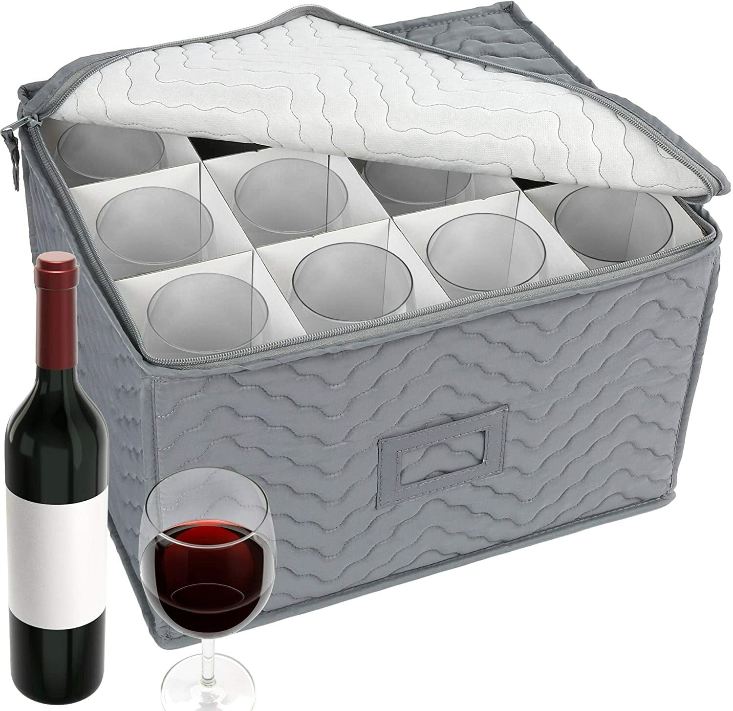 AOEYU Quilted Stemware Storage Case with Dividers and Handle – Holds 12 ...