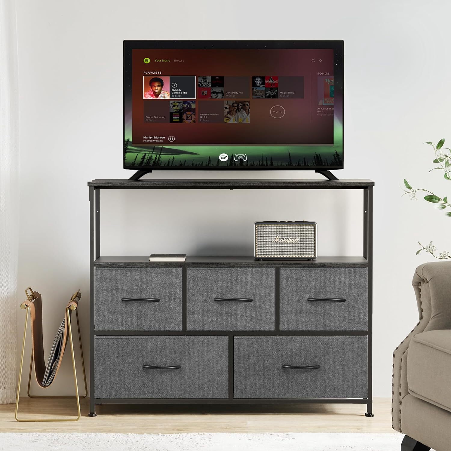 AOEYU TV Stand with 5 Fabric Drawers, Media Console Table for 45" TVs ...