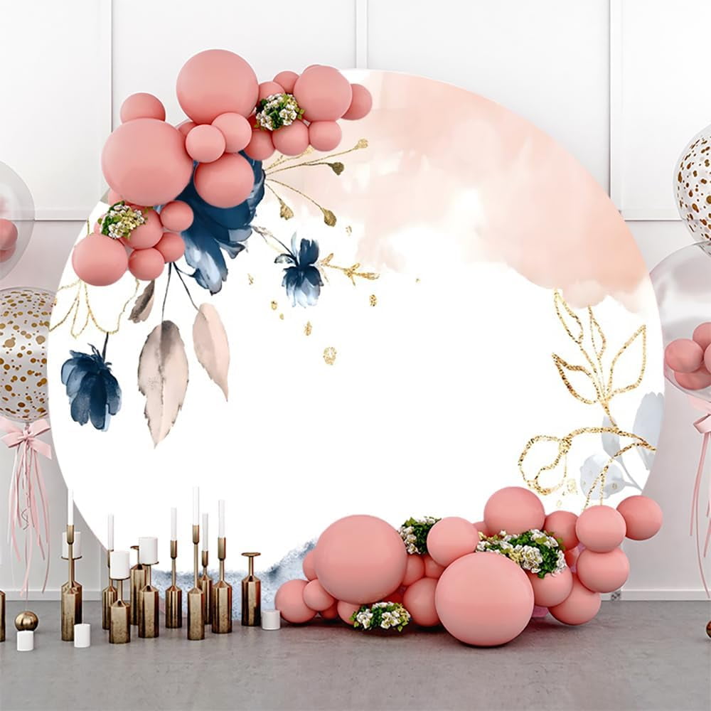 AOFOTO 7.2x7.2ft Navy Blue Floral Blush Pink Round Backdrop Cover ...