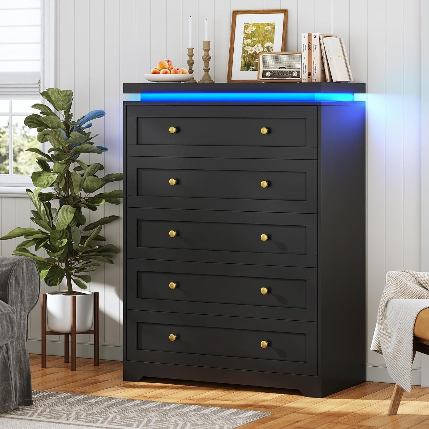 AOGLLATI Black Dresser for Bedroom,5 Drawer Dresser with Led Lights ...