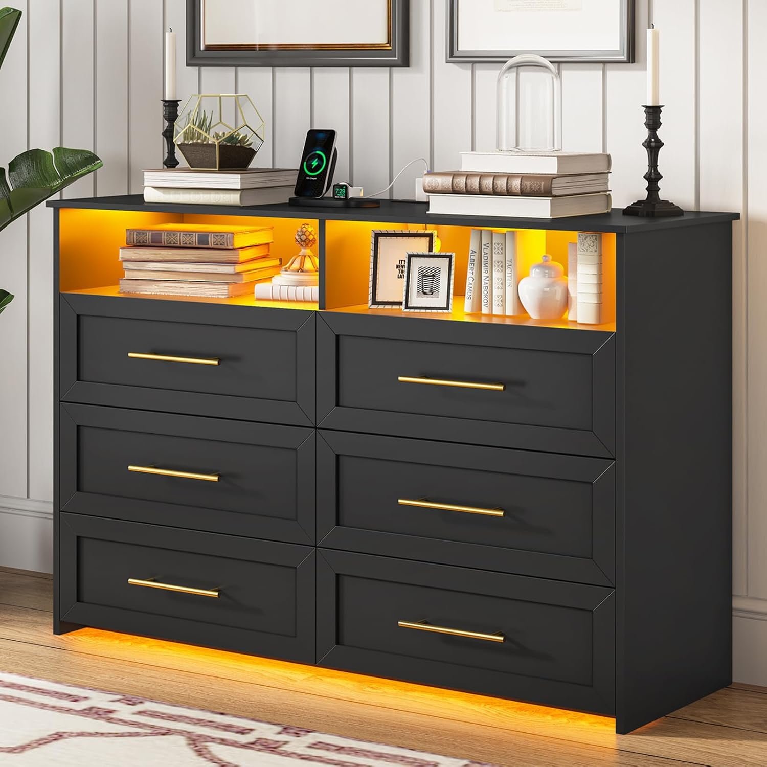 AOGLLATI Black Dresser with LED Lights and Charging Station, Chest of 6 ...