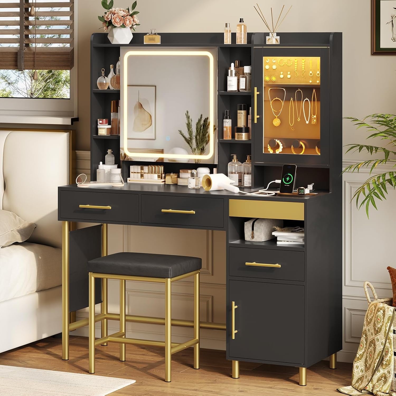 AOGLLATI Vanity Set with Lights & RGB Jewelry Cabinet, Vanity Desk with ...